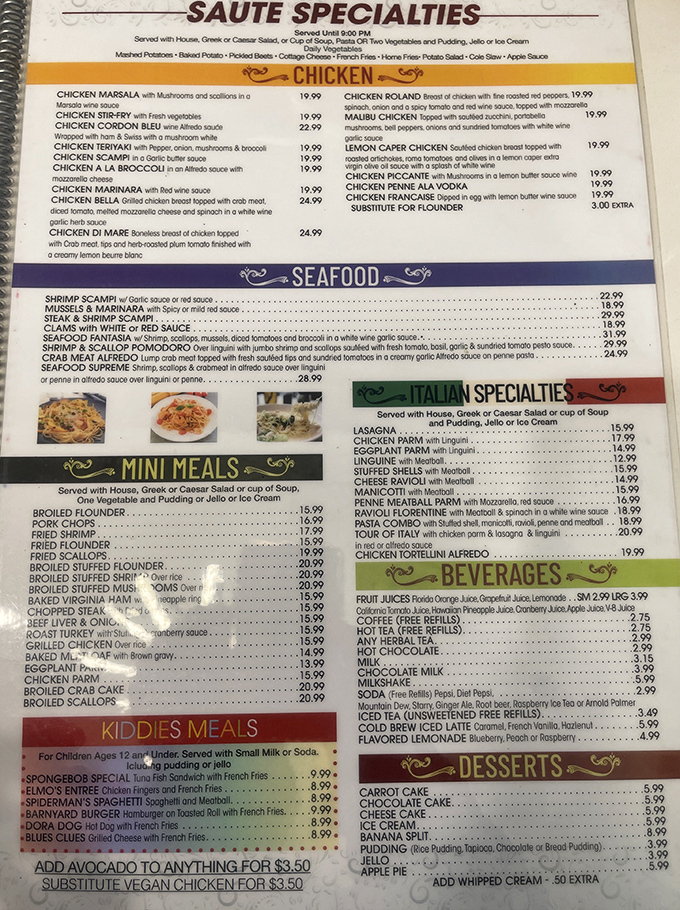 A menu that requires both hands and serious decision-making skills. From Italian specialties to diner classics, this isn't just a menu—it's a novel of possibilities.