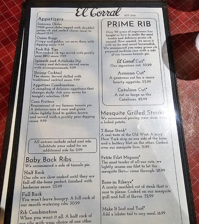 This menu isn't just a list of food—it's a declaration of culinary intent that's been perfected since 1939. The prime rib section deserves its own spotlight.