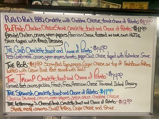 This isn't just a menu board—it's a roadmap to happiness. "The Bob" with scrapple might change your life forever.