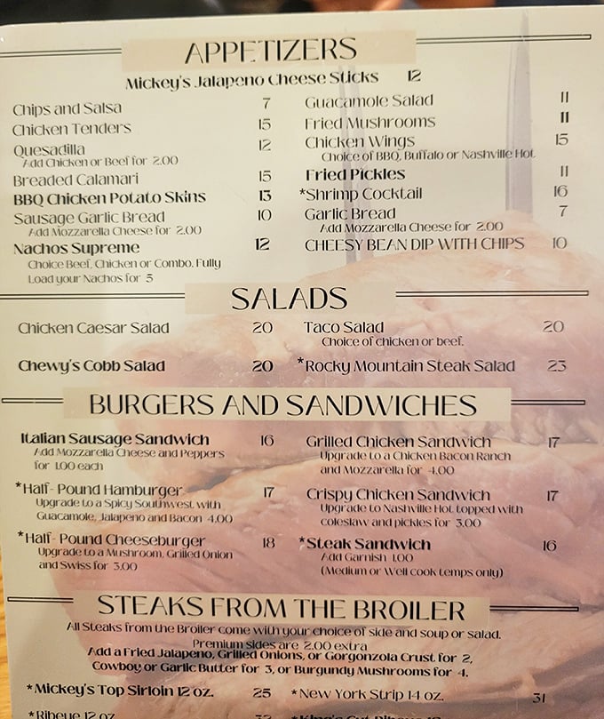 Mickey's menu reads like a love letter to carnivores—straightforward classics executed with the confidence that comes from decades of experience.