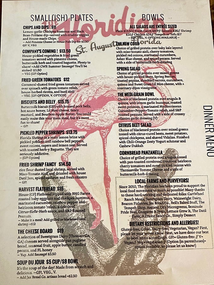 This menu reads like a love letter to Southern cuisine with a Florida twist—each description a promise of flavors to come.