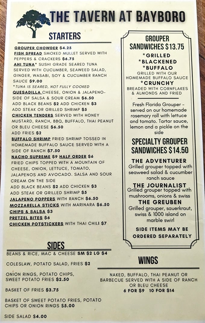 A menu that cuts right to the chase—no foam, no frills, just the promise of Florida's finest grouper prepared four different ways. Decision paralysis has never been so delicious.