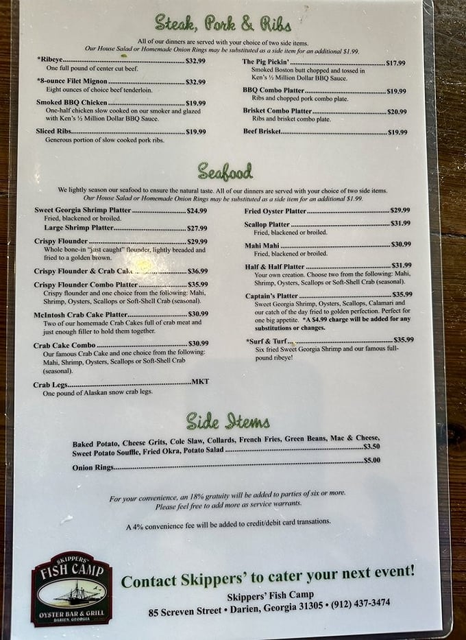 A menu that reads like coastal Georgia's greatest hits – the hardest decision you'll make all day is choosing between all these seafood treasures.
