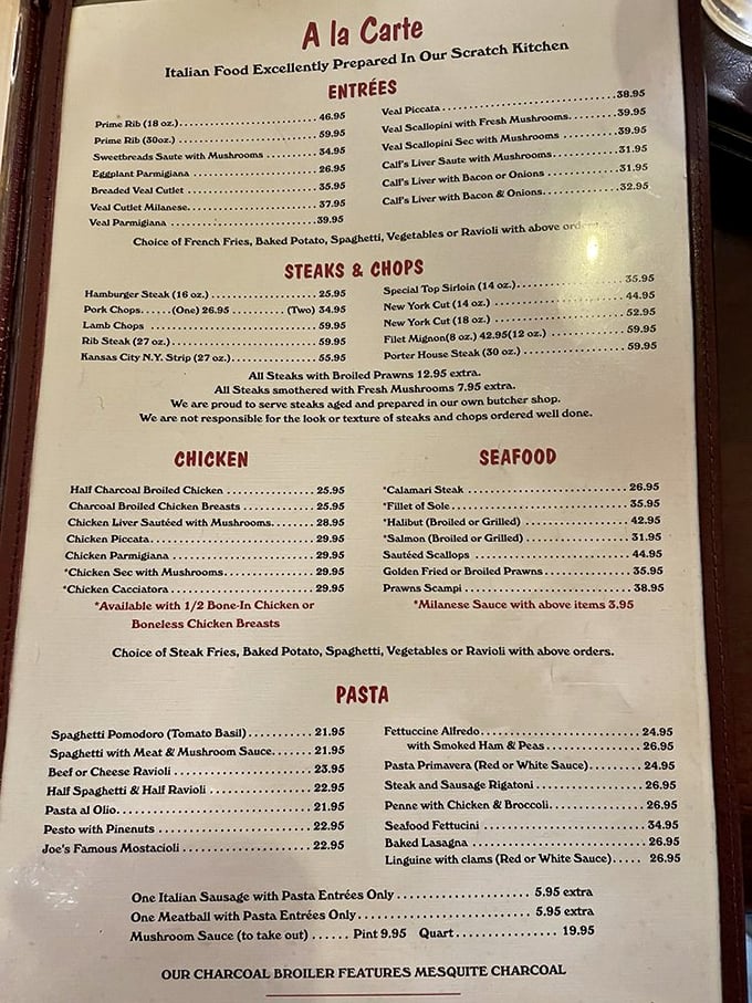 This menu isn't just a list of dishes – it's a roadmap to happiness, with each item representing decades of culinary tradition.