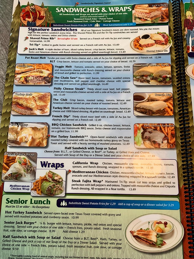 The menu reads like a lumberjack's dream journal – hearty sandwiches and wraps that could fuel a day of forest adventures or just an afternoon of Netflix.