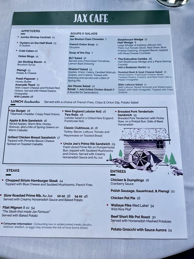 This menu isn't just a list of food—it's a roadmap to happiness. Notice how "Slow Roasted Prime Rib" practically glows off the page.