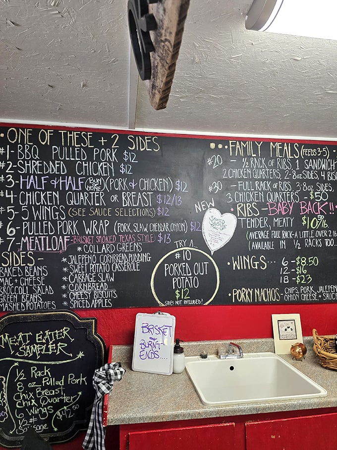 This isn't just a menu—it's a roadmap to happiness. The "Porked Out Potato" and "Meat Eater Sampler" aren't just meal options, they're life choices.