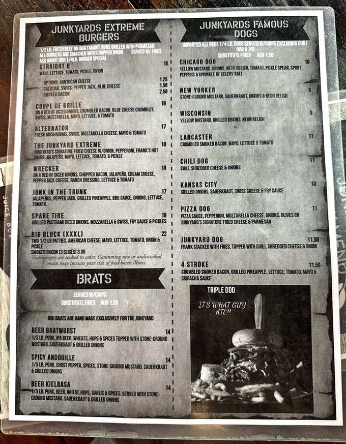 This isn't just a menu—it's a roadmap to happiness. The "Triple Dog" with its cryptic "IT'S WHAT GARY ATE!!" warning is either a challenge or a cautionary tale. 