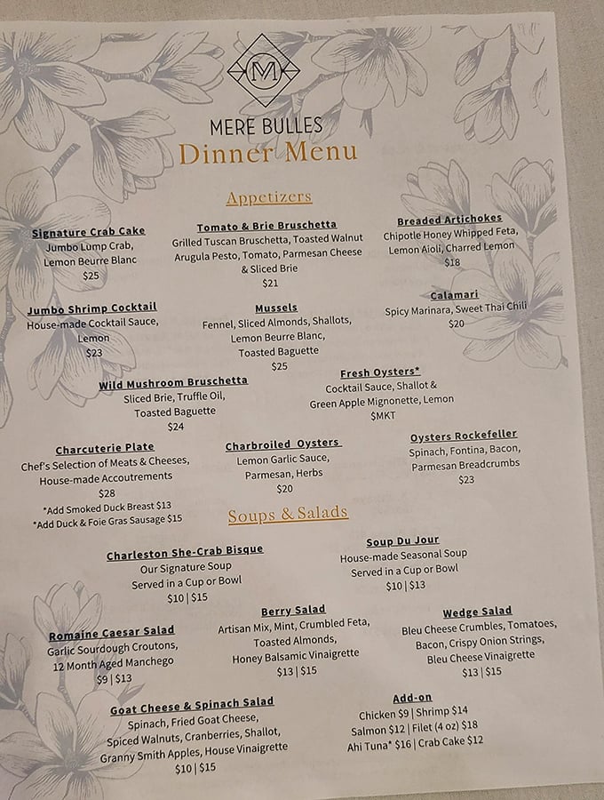 This isn't just a menu—it's a roadmap to happiness. The Charleston She-Crab Bisque alone is worth the drive from anywhere in Tennessee.