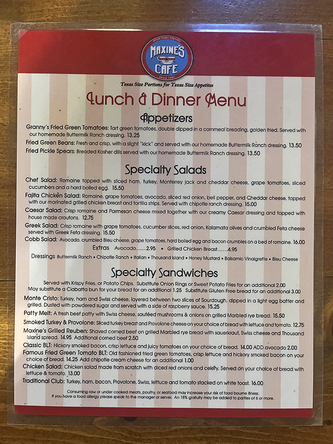 A menu that doesn't mess around. "Texas Size Portions for Texas Size Appetites" isn't just clever marketing—it's a solemn promise.