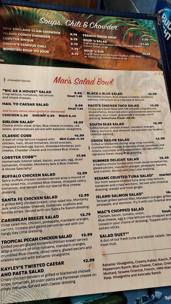 Menu treasure map! From New England Clam Chowder to Caribbean Breeze Salad, this extensive selection promises a culinary journey worth taking.