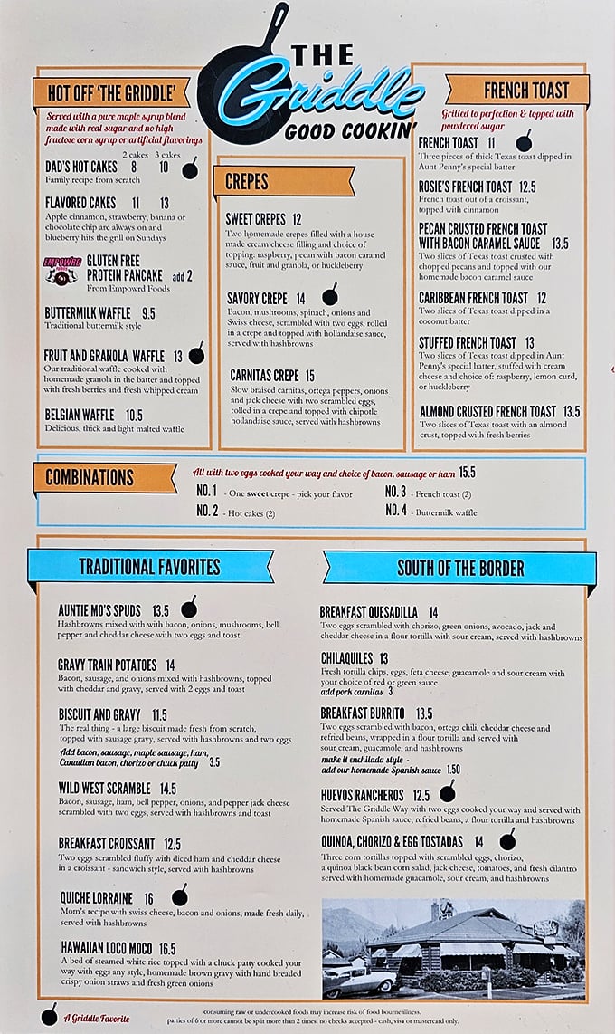 This menu isn't just a list—it's a treasure map to breakfast paradise, with Dad's Hot Cakes and Carnitas Crepes leading the expedition.