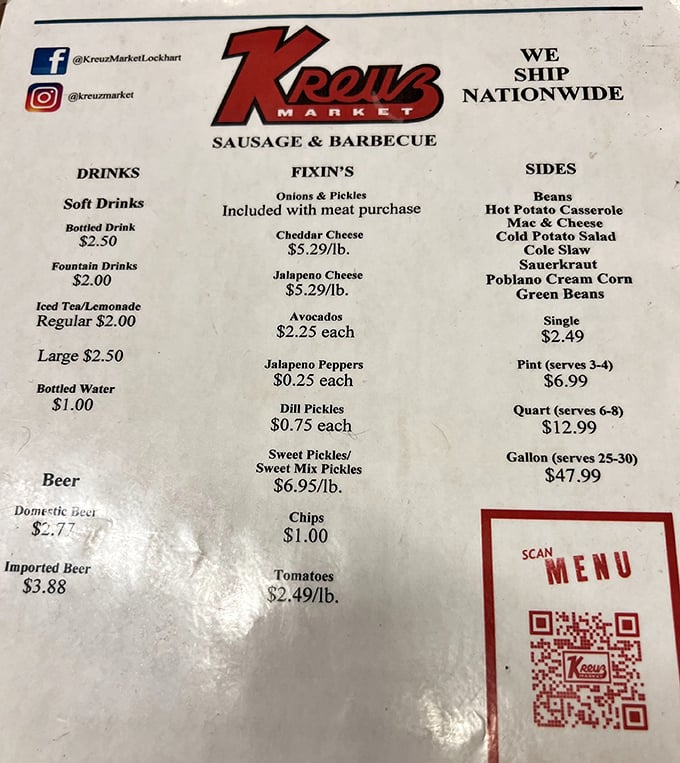 The menu at Kreuz is refreshingly straightforward: meat, sides, and fixins. No sauce needed, no apologies offered.
