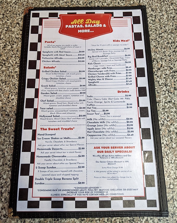 A menu that reads like America's greatest hits – pasta, salads, burgers, and those legendary breakfast specials.
