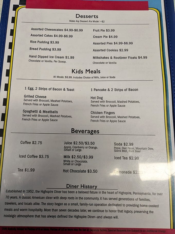 The menu tells the story – classic American diner fare with Pennsylvania Dutch influences, where breakfast reigns supreme all day long.