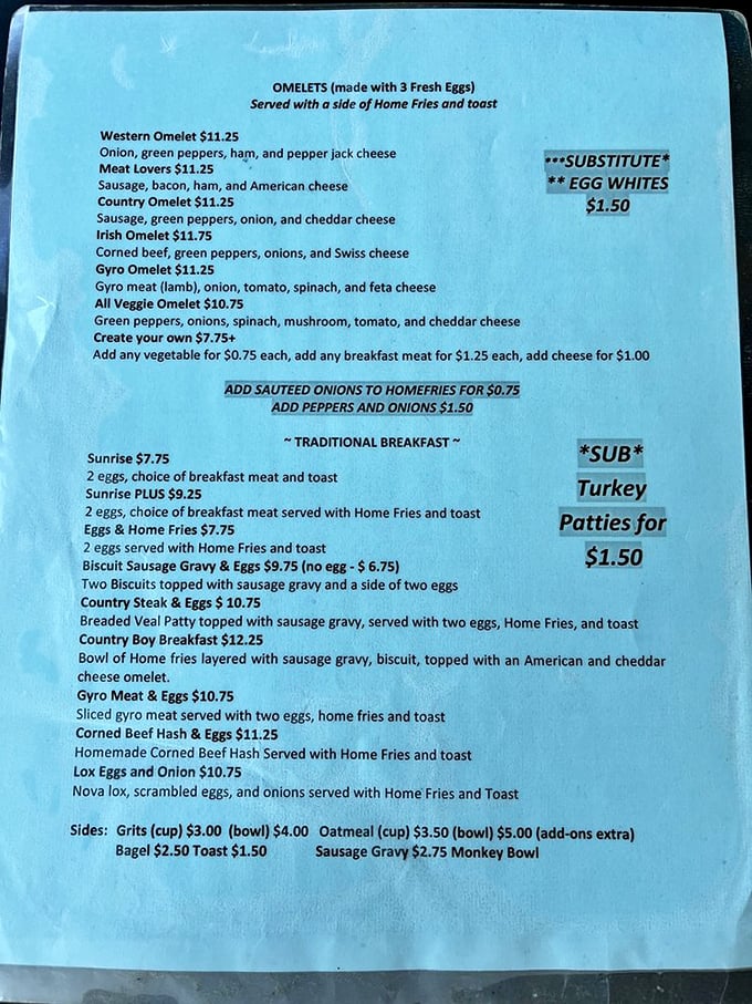 This menu isn't just a list of food—it's a roadmap to happiness. The "Hungry Boy Breakfast" isn't just a meal, it's a delicious challenge.