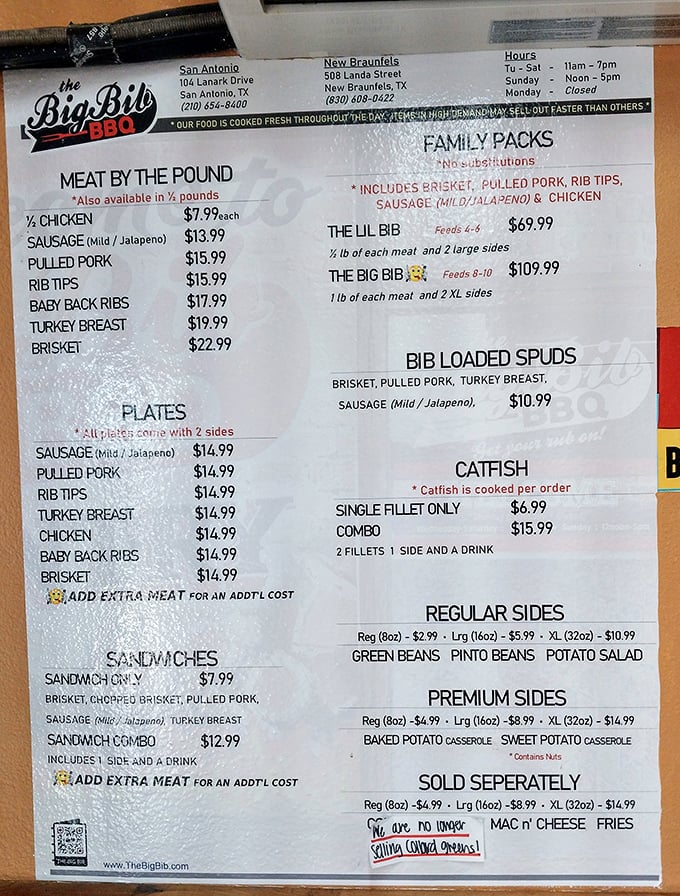 This menu isn't just a list—it's a roadmap to happiness. Each line represents a different path to what Texans reverently call "meat nirvana."