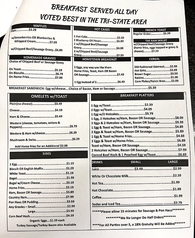 This menu reads like a greatest hits album of American breakfast—everything you want, nothing you don't.