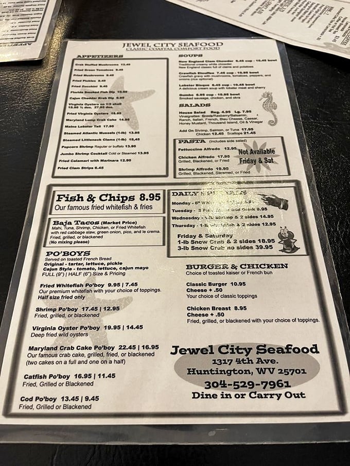 The menu reads like a love letter to seafood enthusiasts. Each description promises maritime delights that would make Poseidon himself put in a to-go order.
