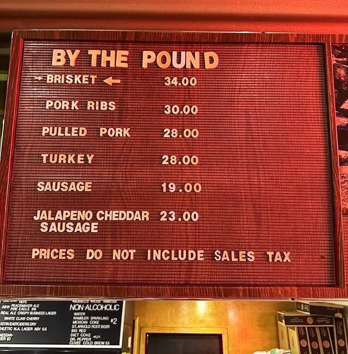 This menu board isn't just a list—it's a roadmap to happiness, with brisket as the clear destination. Choose your own adventure, by the pound.