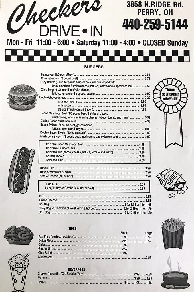 A menu that doesn't need fancy fonts or pretentious descriptions—just honest food with that coveted "Best Burger in the World" ribbon.