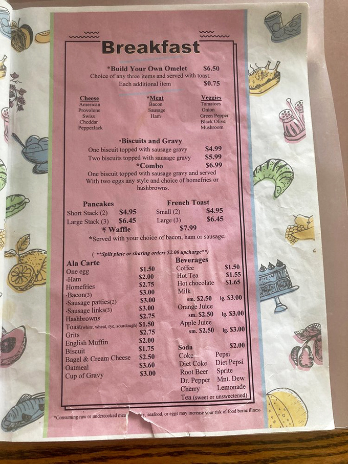 This pink menu isn't just a list of options—it's a roadmap to happiness, with build-your-own omelets leading the delicious expedition.