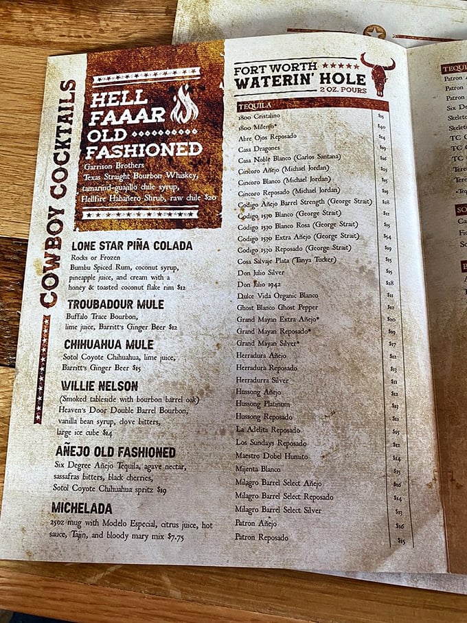 This isn't just a drink menu—it's a liquid roadmap to Texas-sized happiness. The "Hell Faaaar Old Fashioned" practically dares you to order it.