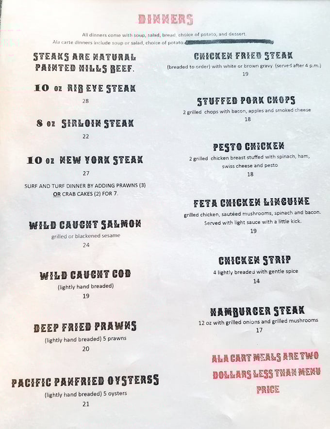 This menu isn't playing around—Painted Hills beef steaks and wild-caught seafood in the middle of Eastern Oregon? That's confidence you can taste.