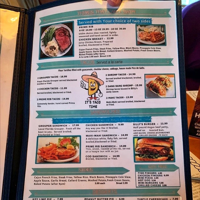 The menu reads like a love letter to the sea, with tacos sporting cartoon characters that are almost too cute to eat.