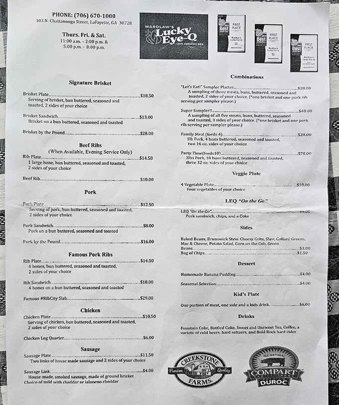 A menu that cuts right to the chase—no fancy descriptions needed when your brisket speaks fluent delicious. The "Let's Eat!" sampler is basically permission to indulge.