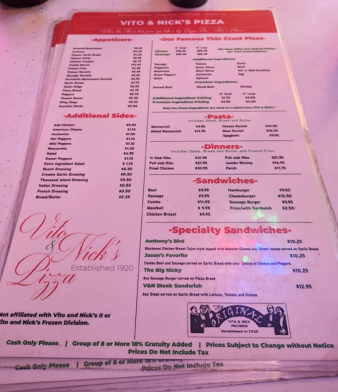 This menu isn't just a list of food—it's a roadmap to happiness with thin crust pizza as your final destination.