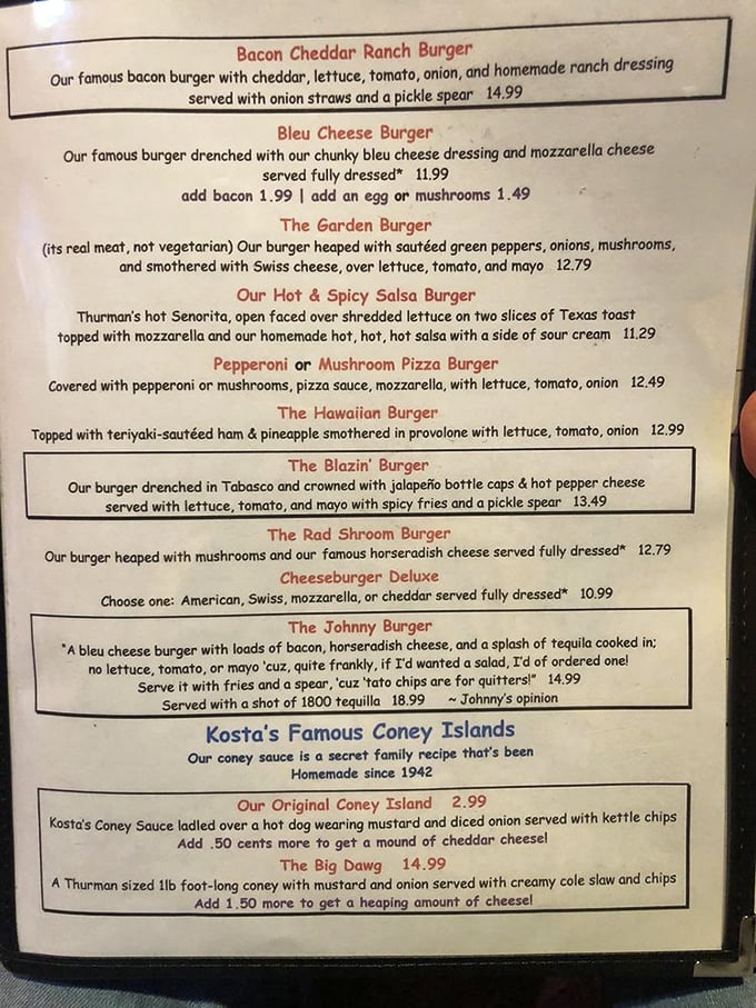 The menu reads like a manifesto for those who believe life is too short for diet food. The Thurmanator isn't just a burger—it's a dare.
