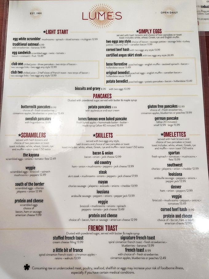 The menu at Lumes reads like breakfast poetry – each category a verse dedicated to the art of morning sustenance.