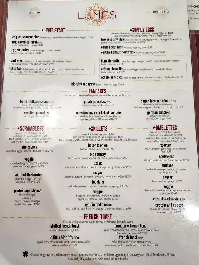 The menu at Lumes reads like breakfast poetry – each category a verse dedicated to the art of morning sustenance.
