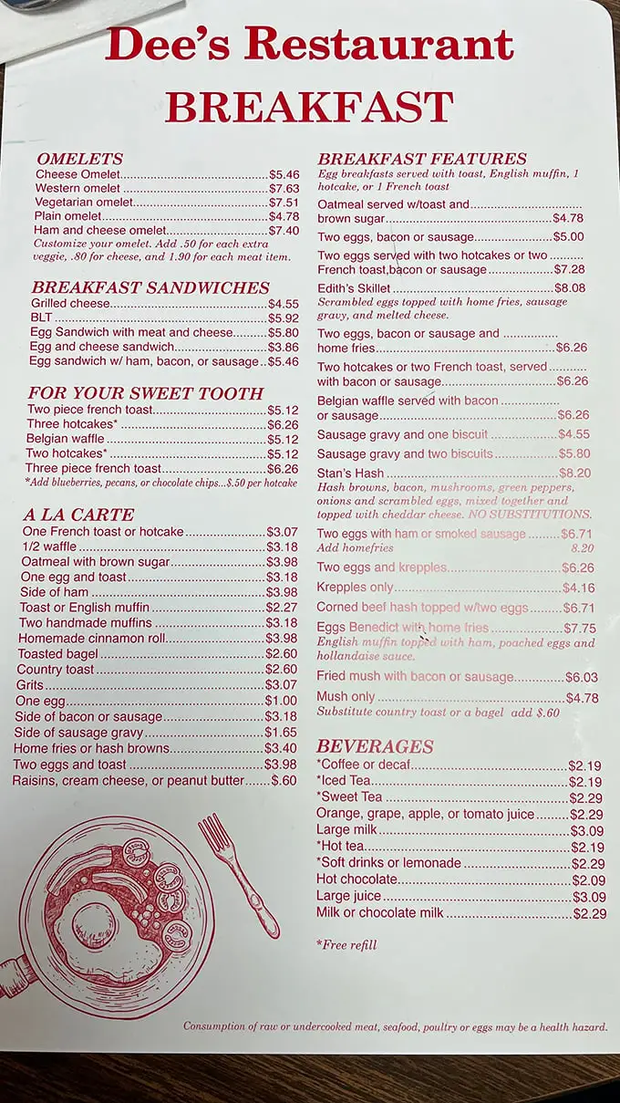 A menu that doesn't need fancy fonts or pretentious descriptions—just honest breakfast offerings that have stood the test of time. The illustrated plate says it all.
