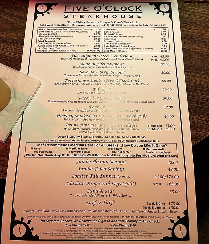 This menu isn't just a list of options—it's a roadmap to happiness. Note the warning about well-done steaks: they're not responsible for such culinary crimes.