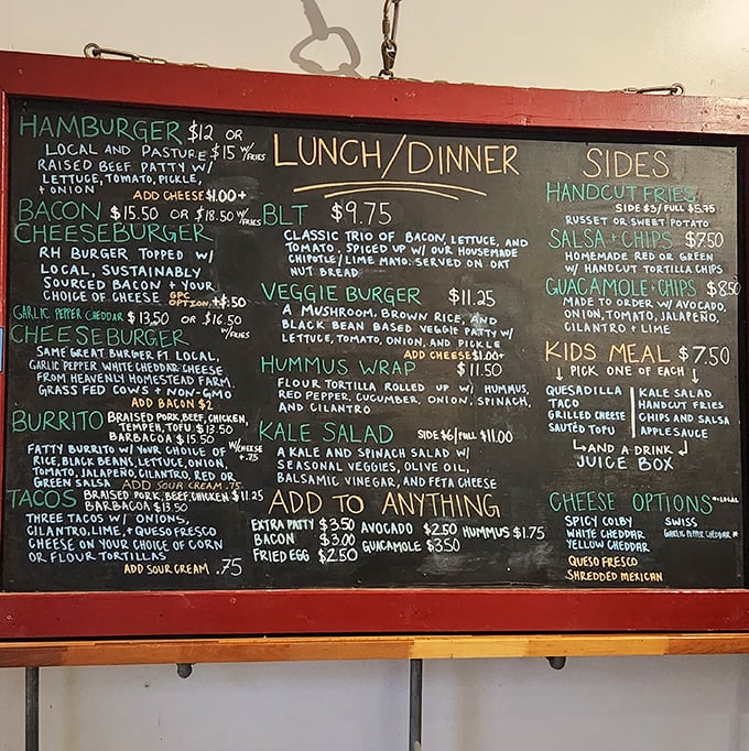 A chalkboard menu that reads like a love letter to local ingredients – each item promising its own delicious adventure.