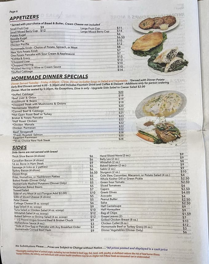 The menu reads like a love letter to traditional deli cuisine—from matzo ball soup to stuffed cabbage, each dish promises a taste of nostalgia.