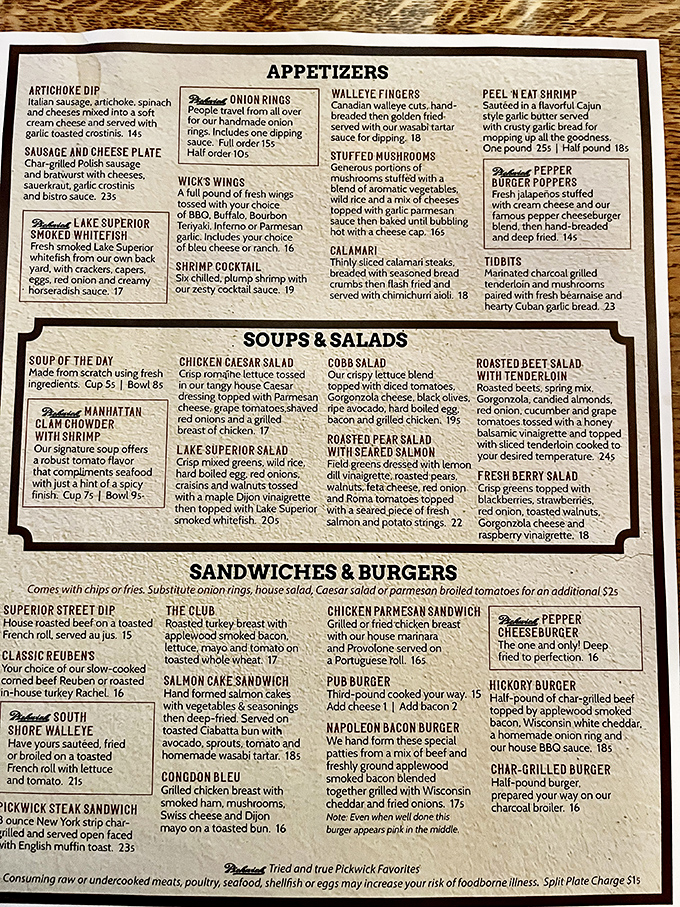 A menu that reads like a greatest hits album of American classics. No molecular gastronomy here—just time-honored dishes that have earned their place at the table.