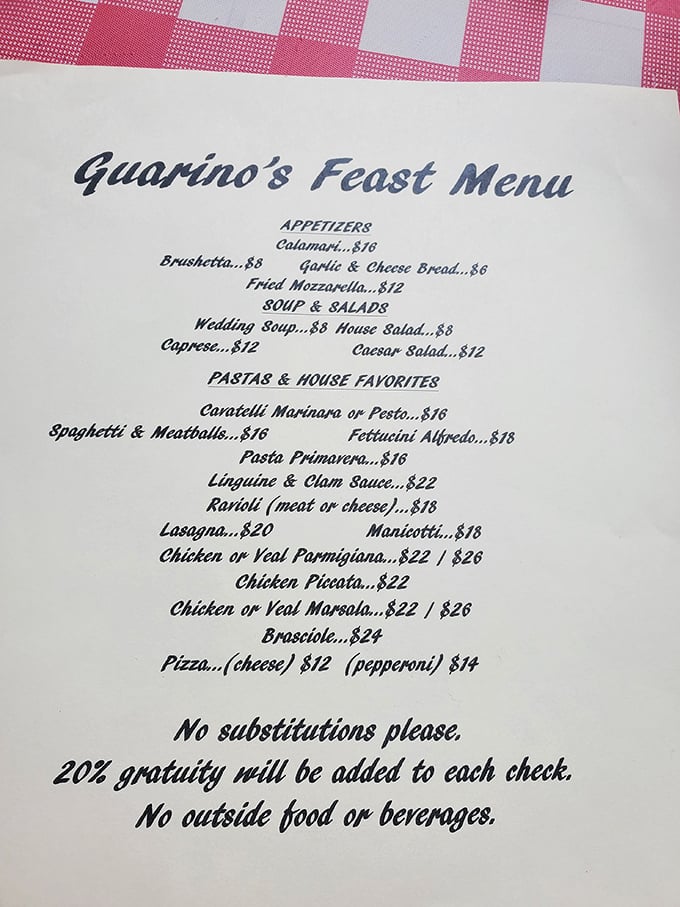 The menu reads like a love letter to Italian-American classics—no substitutions needed when tradition tastes this good.