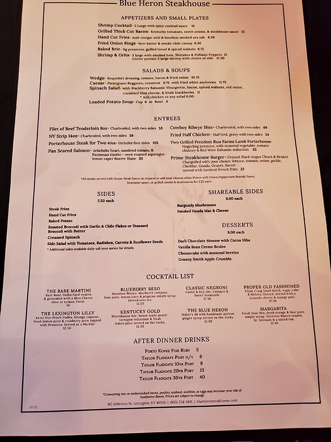 A menu that reads like poetry to carnivores. Each line promises a different path to happiness, with that porterhouse beckoning like a siren song.