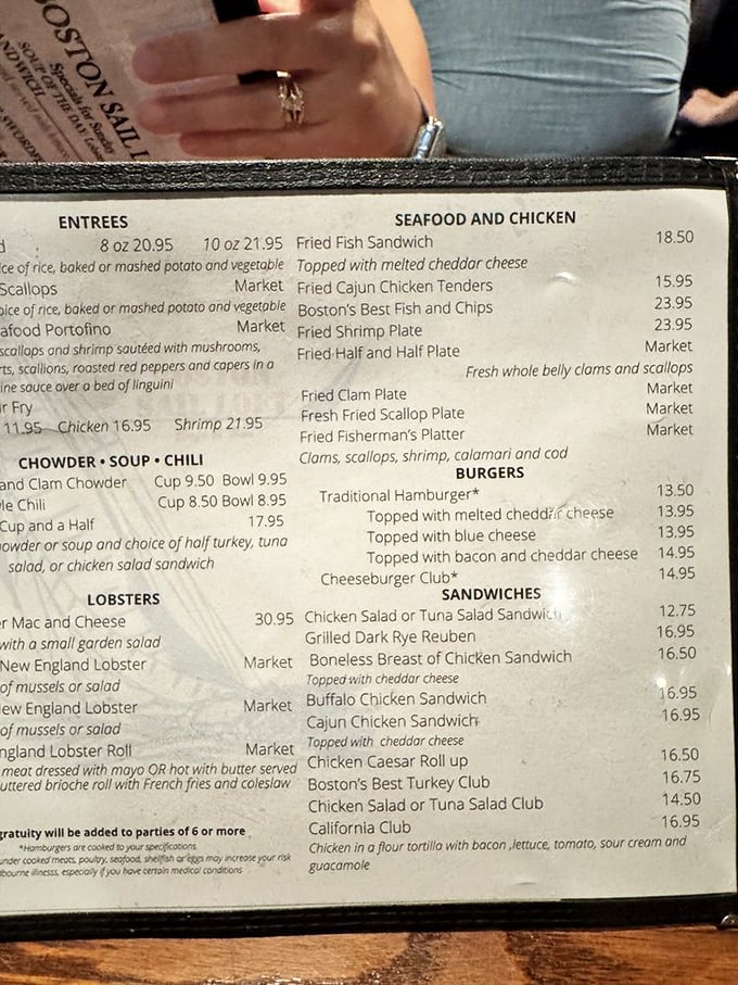 The menu reads like a love letter to New England seafood traditions—chowder, lobster, and fried classics that have stood the test of time.