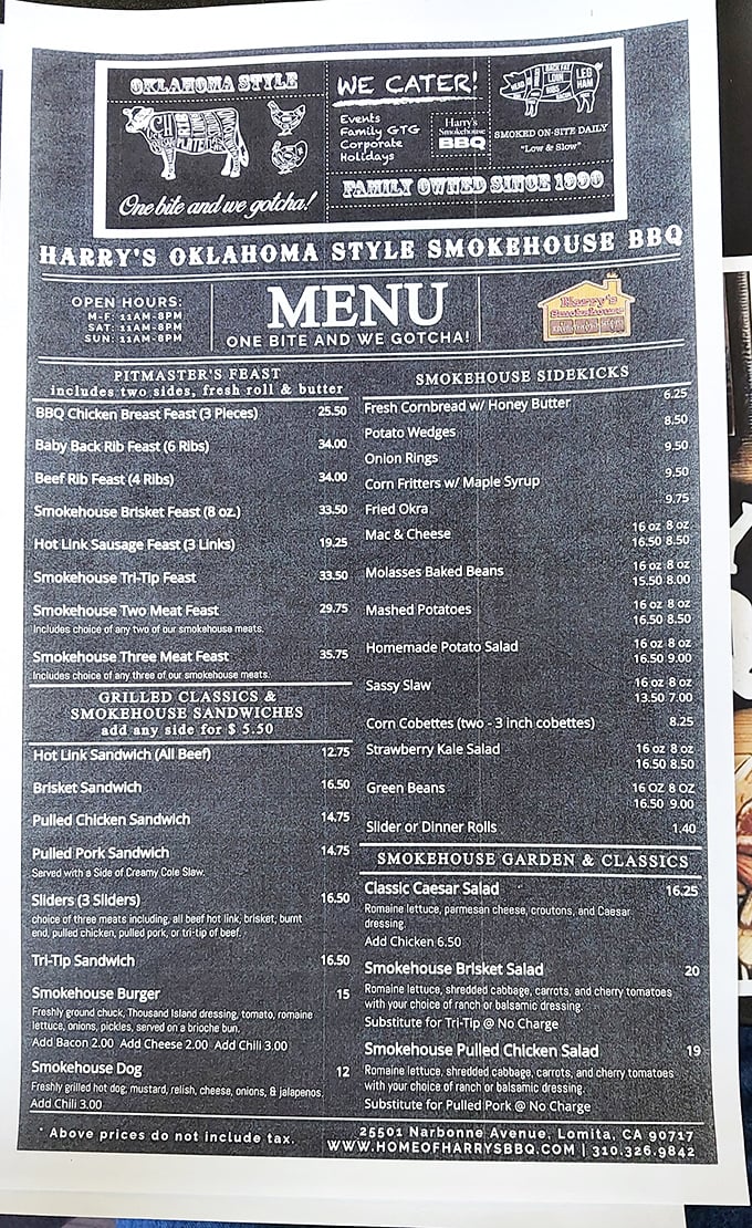 A menu that reads like a love letter to smoked meats. The "Pitmaster's Feast" isn't just a meal—it's a commitment to delicious excess.