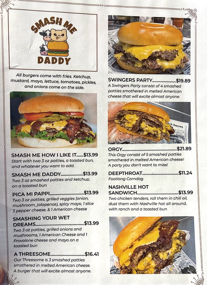 This isn't just a menu—it's a declaration of burger independence. "Smash Me Daddy" and "Orgy" aren't just names; they're promises of indulgence.