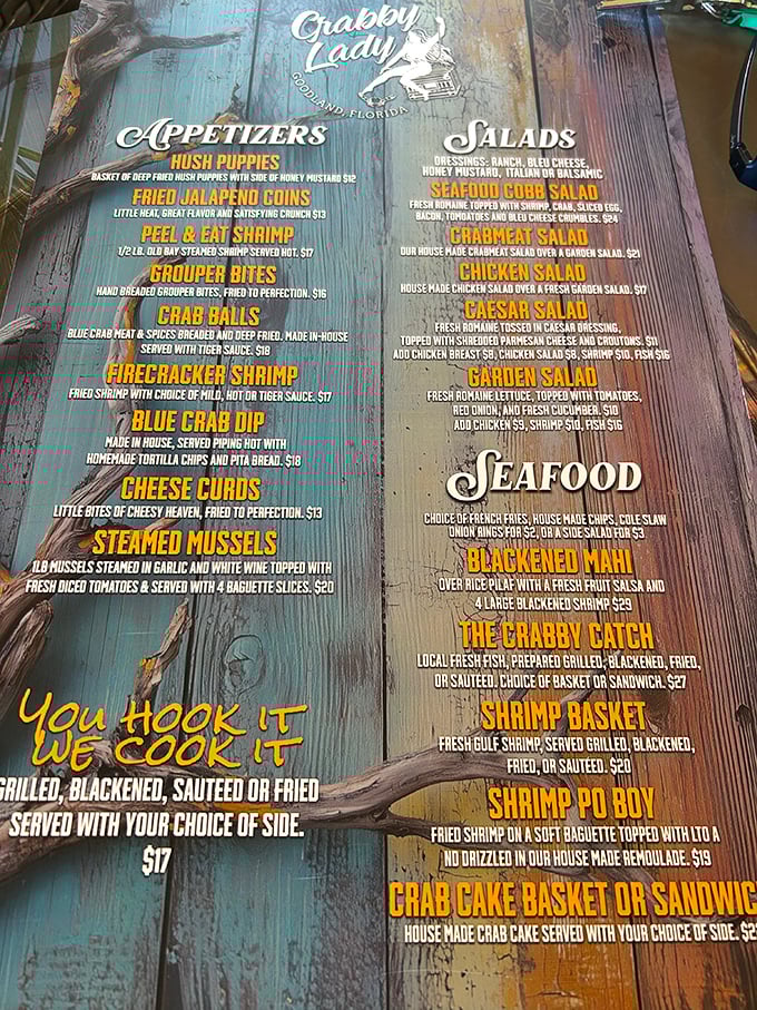 A menu that reads like seafood poetry – from hush puppies to firecracker shrimp, each offering a love letter to the Gulf.