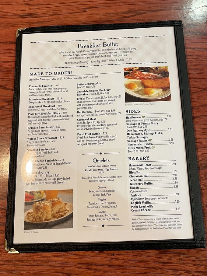 This breakfast menu isn't just a list of options—it's a roadmap to happiness. The biscuits and gravy alone have probably saved more marriages than couples therapy.