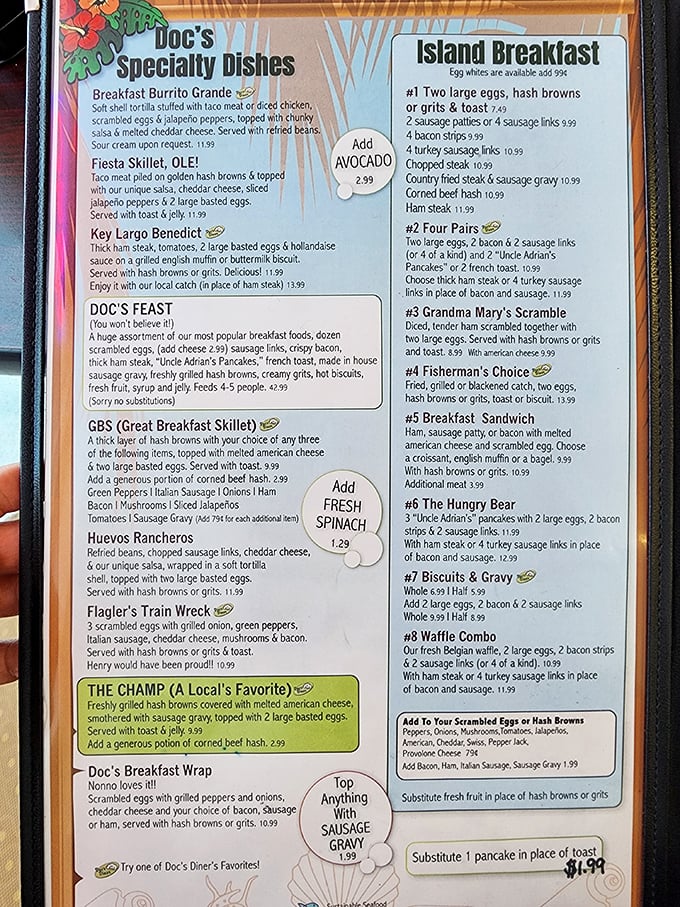 A menu that reads like a love letter to breakfast. "The Champ" isn't just highlighted—it's practically begging you to accept its delicious challenge.