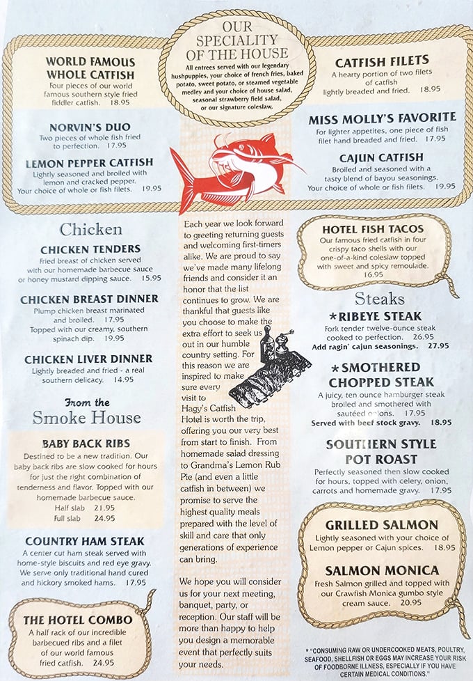 The menu reads like a love letter to Southern cooking, where "world famous" isn't just marketing speak—it's a promise kept with every crispy catfish fillet.