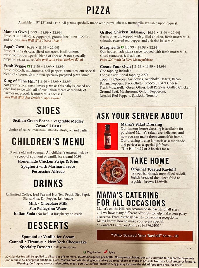 The menu reads like a love letter to Italian-American cuisine, with specialties from "The Hill" showcased alongside wine pairings that'll make you say "salute!"