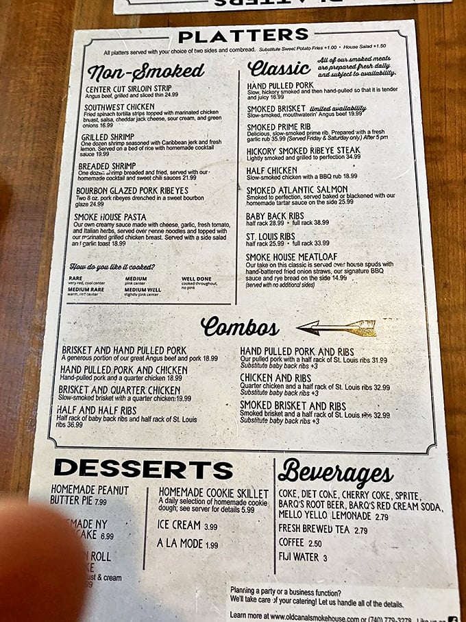 The menu reads like a love letter to smoked meats—each description promising a different path to barbecue bliss.